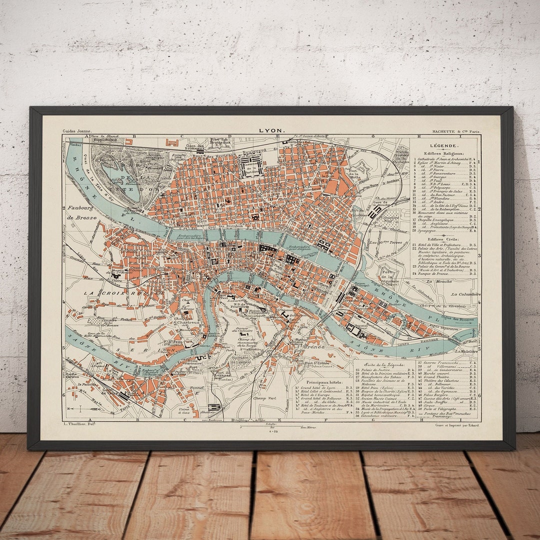 Old Map of Lyon, France in 1888 by Louis-francois - La Basilique Notre ...