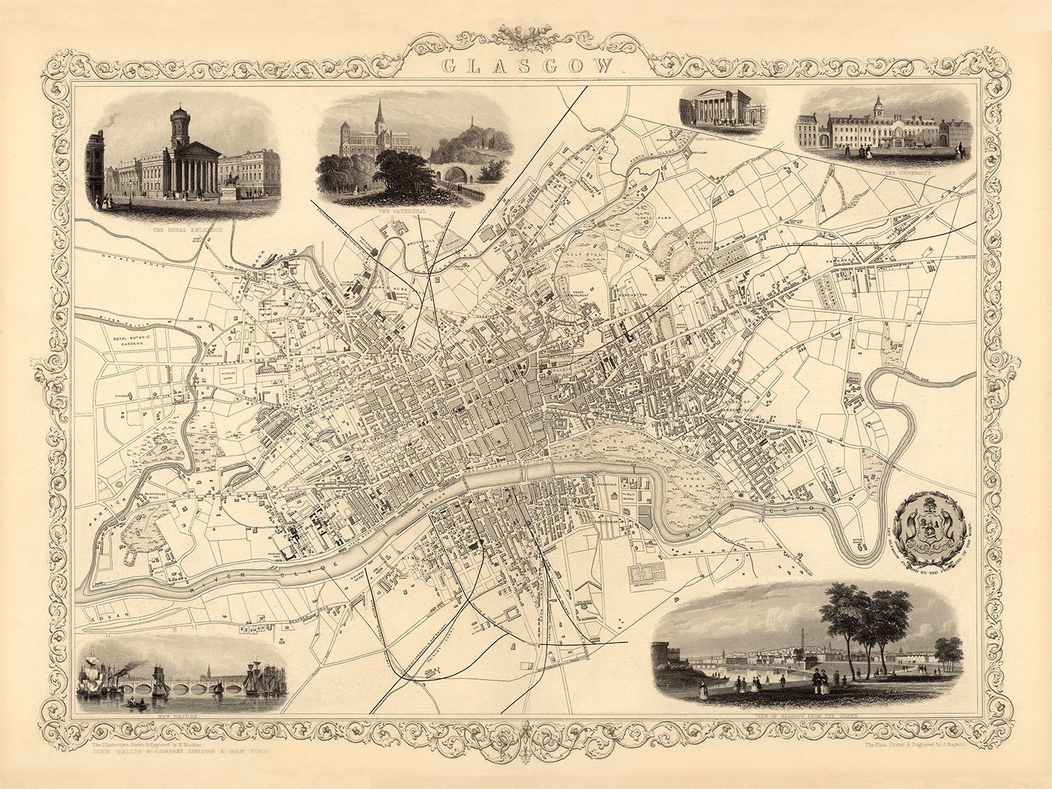 Old Map of Glasgow, 1851 by Tallis & Rapkin - River Clyde, Argyle St ...