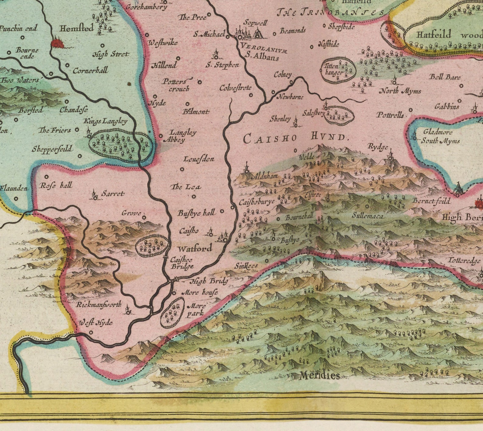 Old Map of Hertfordshire, 1665 by Blaeu - Stevenage, St Albans, Watford ...