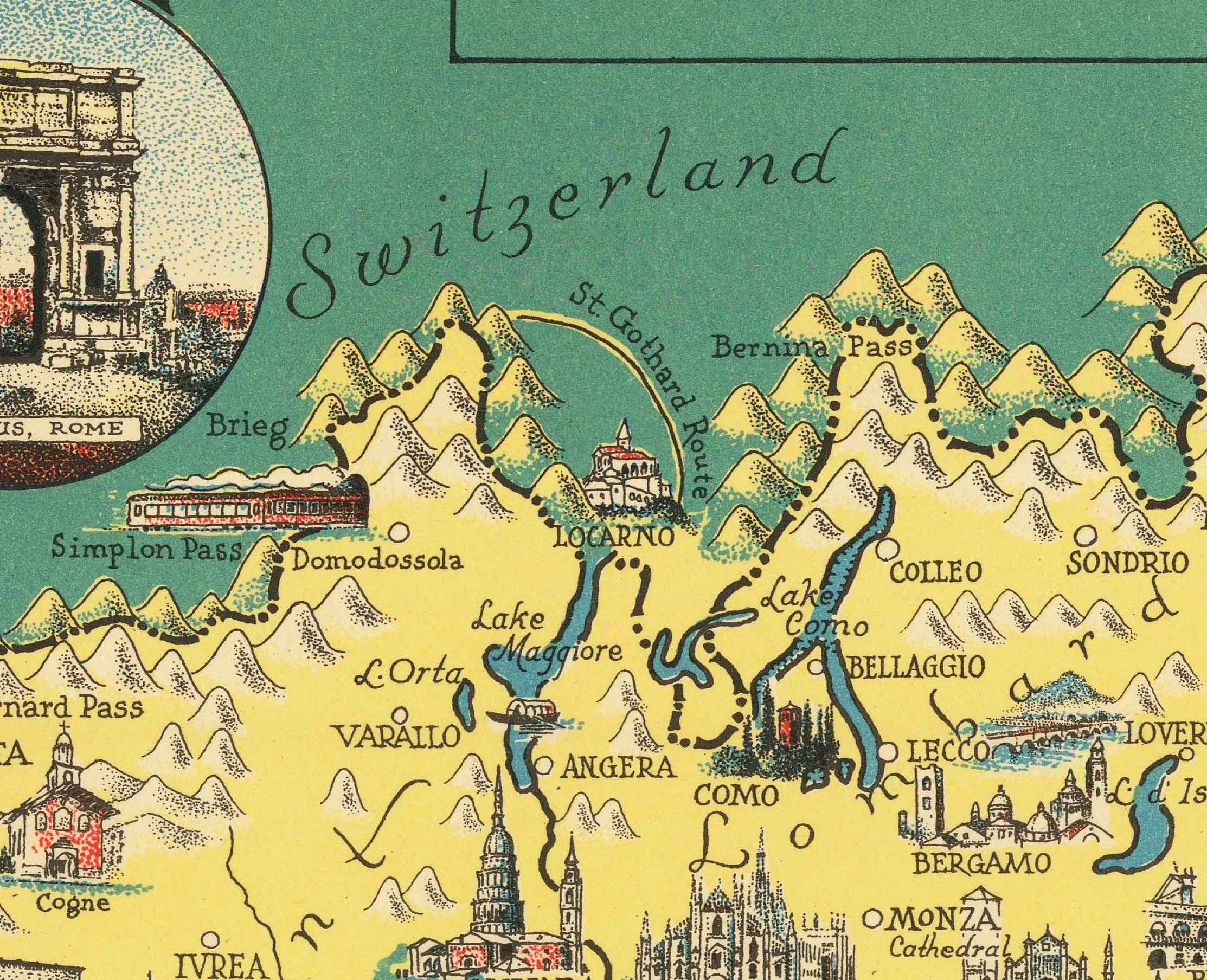 Old Pictorial Map of Italy, 1935 by E. Chase - Illustrated Landmarks ...