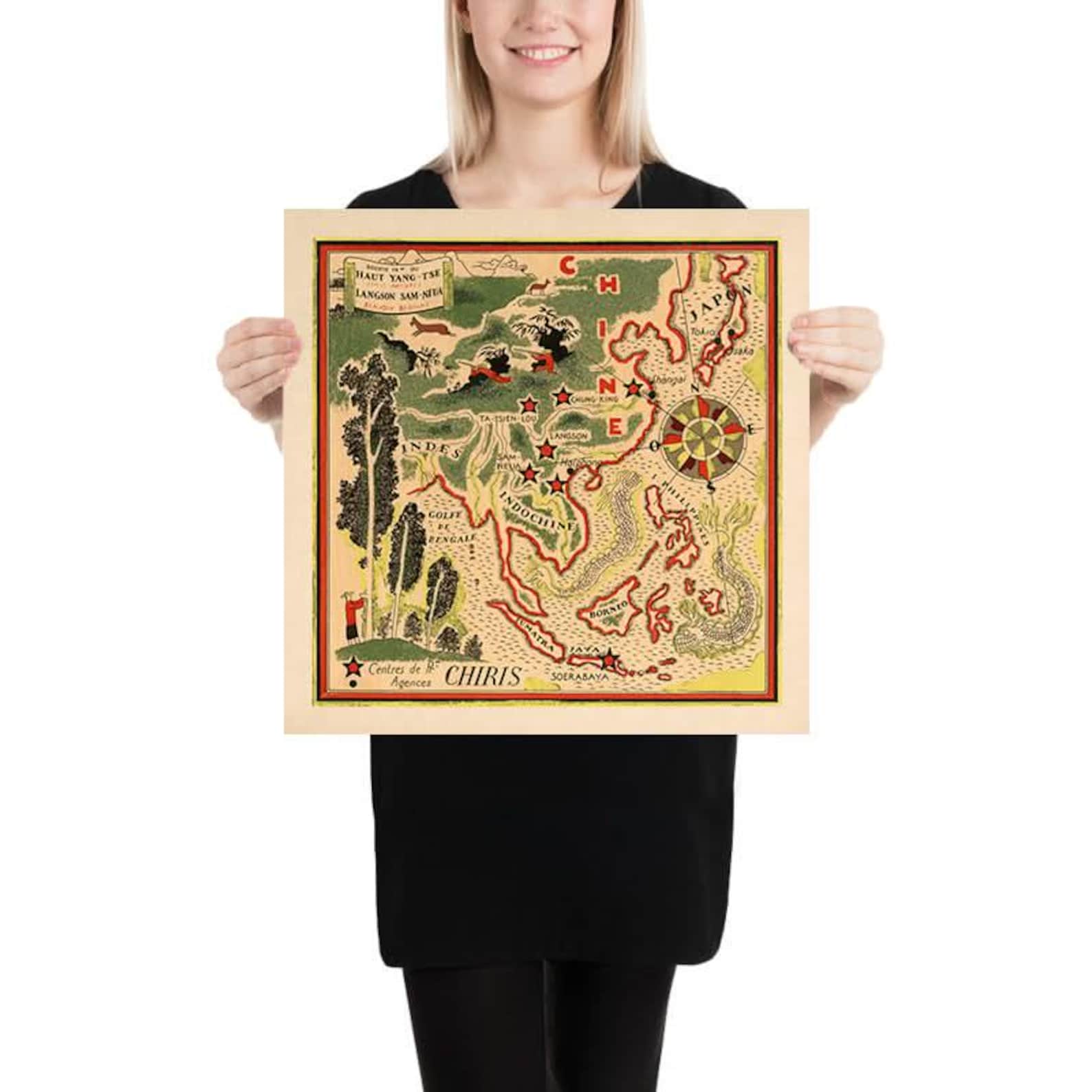 Old Pictorial Map of China by Mazuyer, 1931: Shanghai, Dragons, Golfe ...