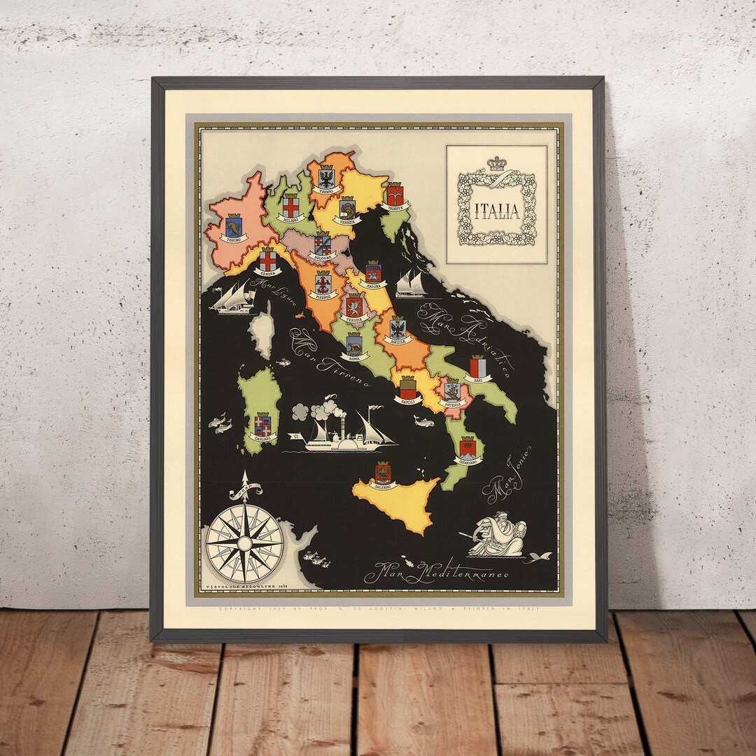 Old Pictorial Map of Italy's Regional Capitals, 1938: City Coat of Arms ...