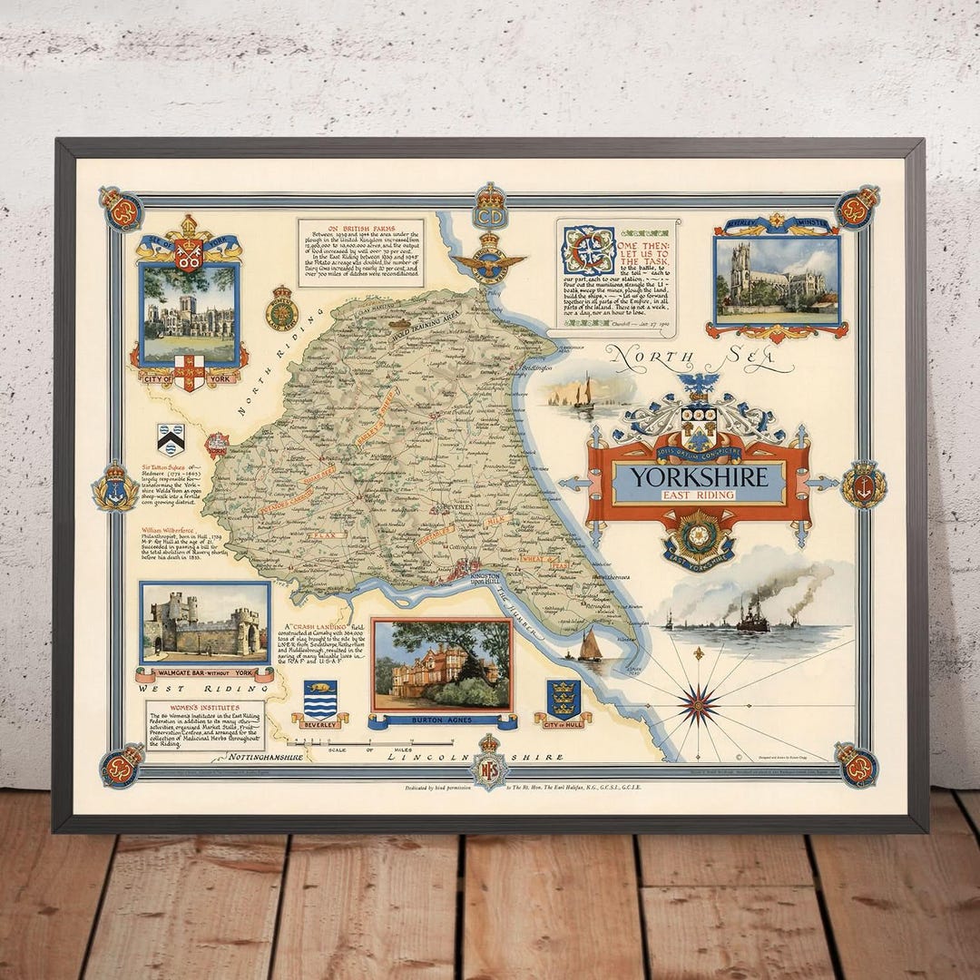 Old Pictorial Map of East Riding of Yorkshire by Clegg, 1946: Hull ...