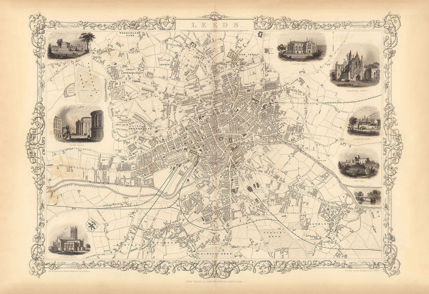 Old Map of Leeds in 1851 by Rapkin Town Hall Kirkstall - Etsy UK