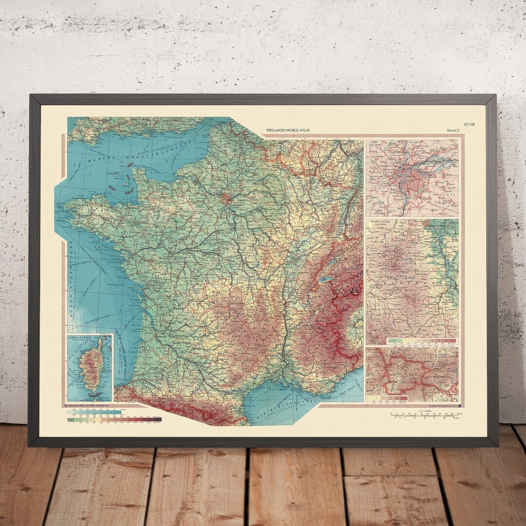 Old Map of France, 1967: Andorra, Massif Central, Lyon, Corsica ...