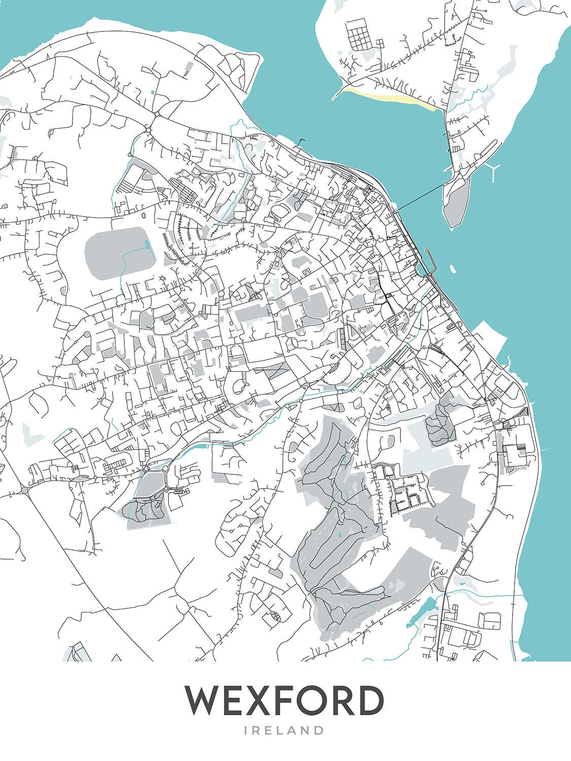 Modern Town Map of Wexford, Ireland: Wexford Town, Enniscorthy Castle ...