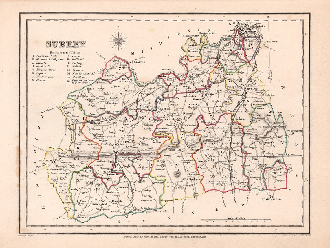 Old Map of Surrey by Samuel Lewis, 1844: London, Guildford, Woking ...