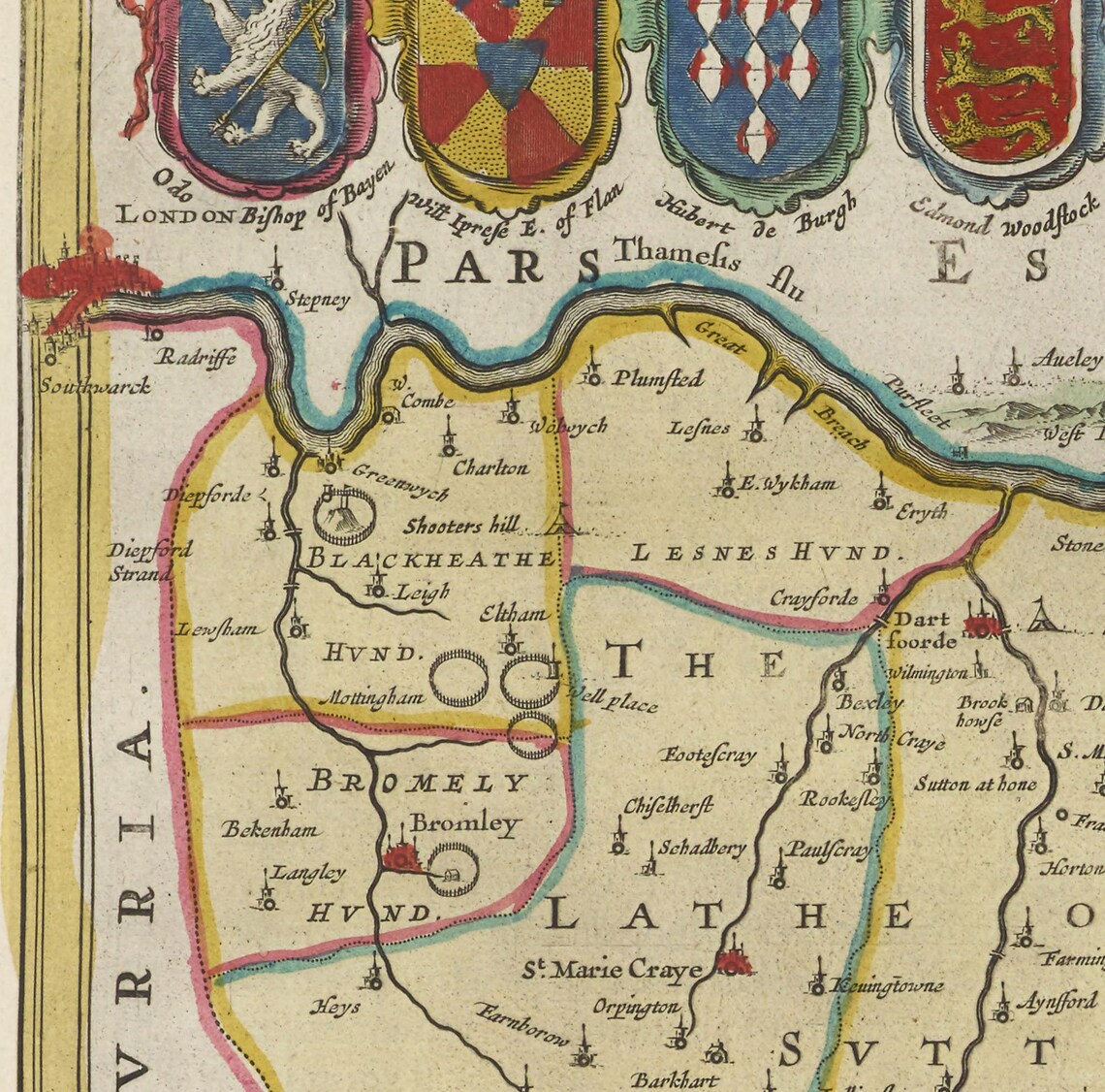 Old Map of Kent in 1665 by Joan Blaeu - Canterbury, Maidstone, Bromley ...