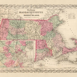 Old Map of Massachusetts by J.H. Colton, 1855: Boston, Worcester ...