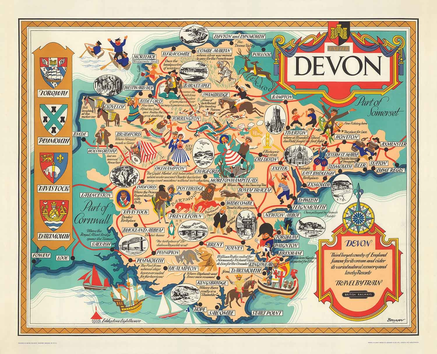 Old Map of Devon 1950 by Bowyer British Railway Torquay - Etsy UK