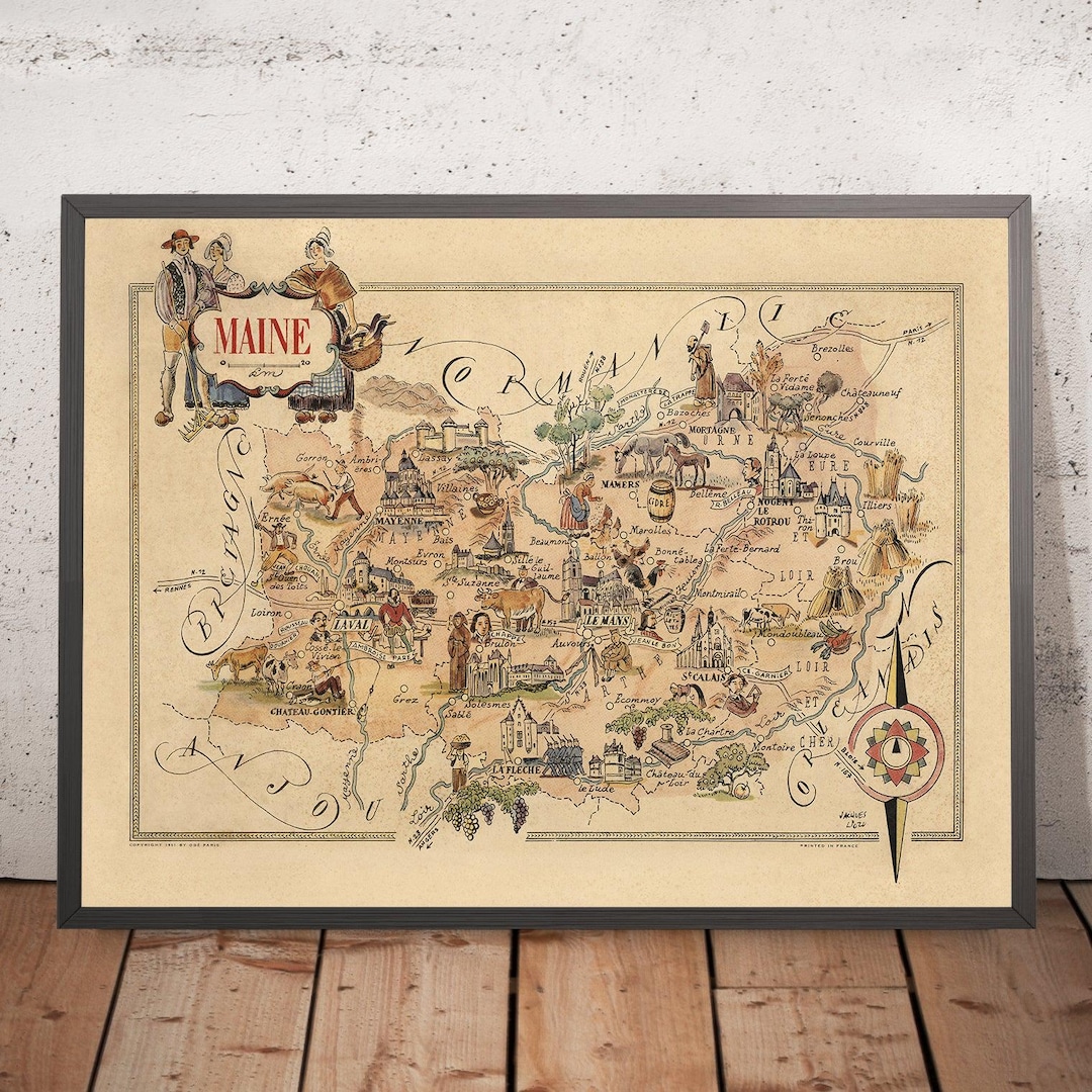 Old Pictorial Map of Maine, France by Liozu, 1951: Le Mans, Laval ...