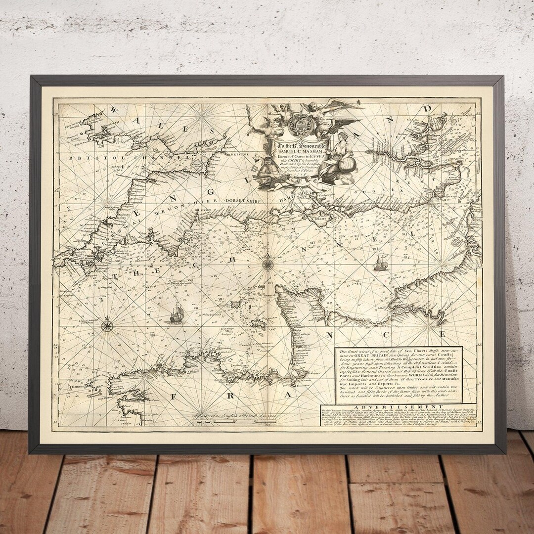 Old Naval Chart of the English Channel by Price, 1729: La Manche ...