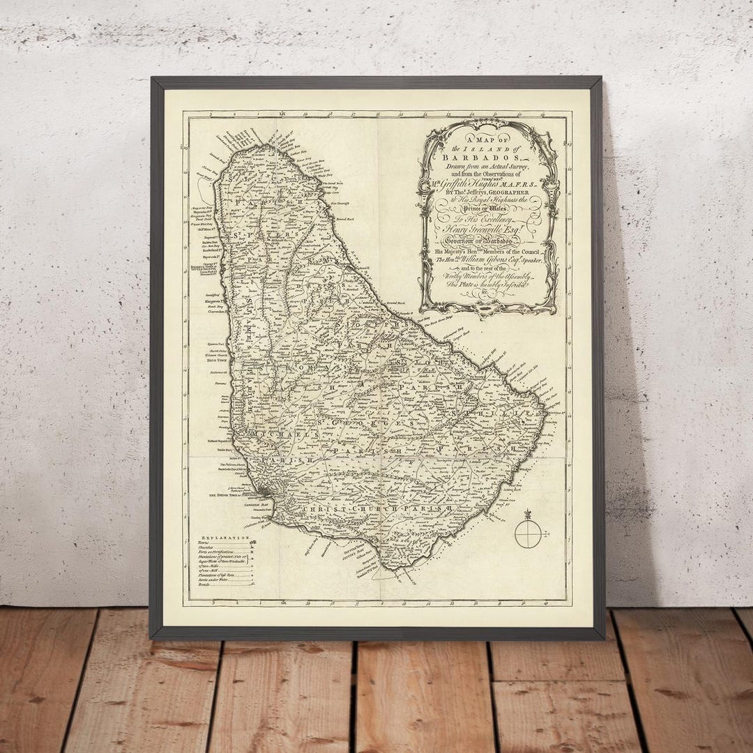 Old Map of Barbados by Jefferys, 1750: Parishes, Sugar Mills, Churches ...