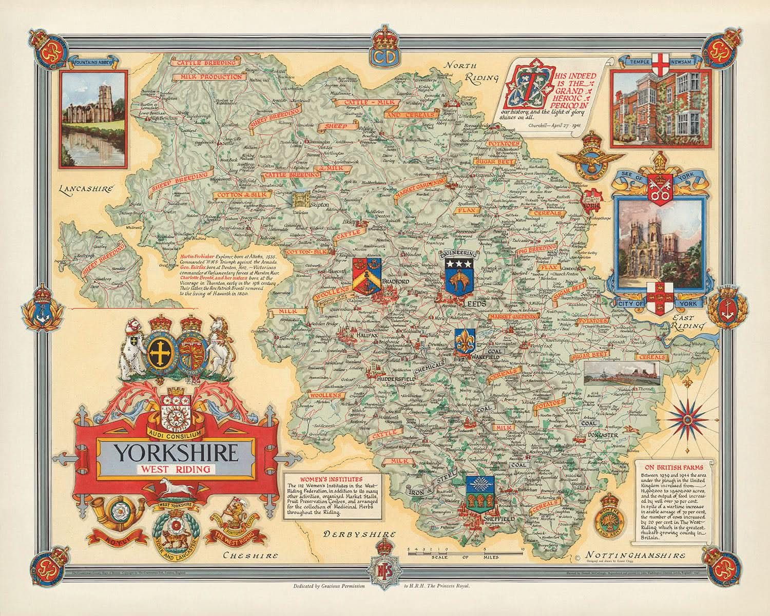 Old Pictorial Map of West Riding of Yorkshire by Clegg, 1946: Leeds ...