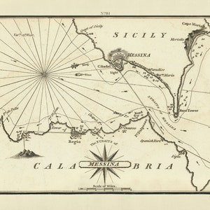 Old Straits of Messina Nautical Chart by Heather, 1802: Sicily, Reggio ...
