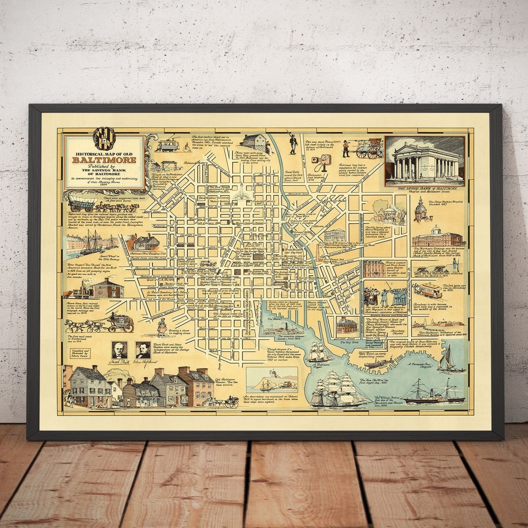 Old Historical Map of Baltimore in 1954 by Edward Tunis - Downtown ...