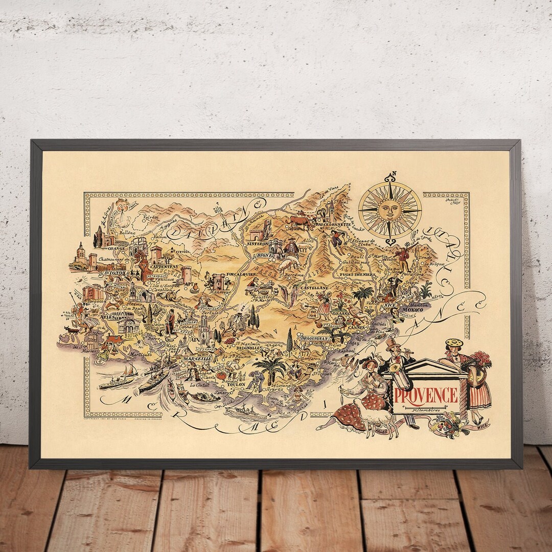 Old Map of Provence, France by Liozu, 1951: Marseille, Avignon, Cannes ...