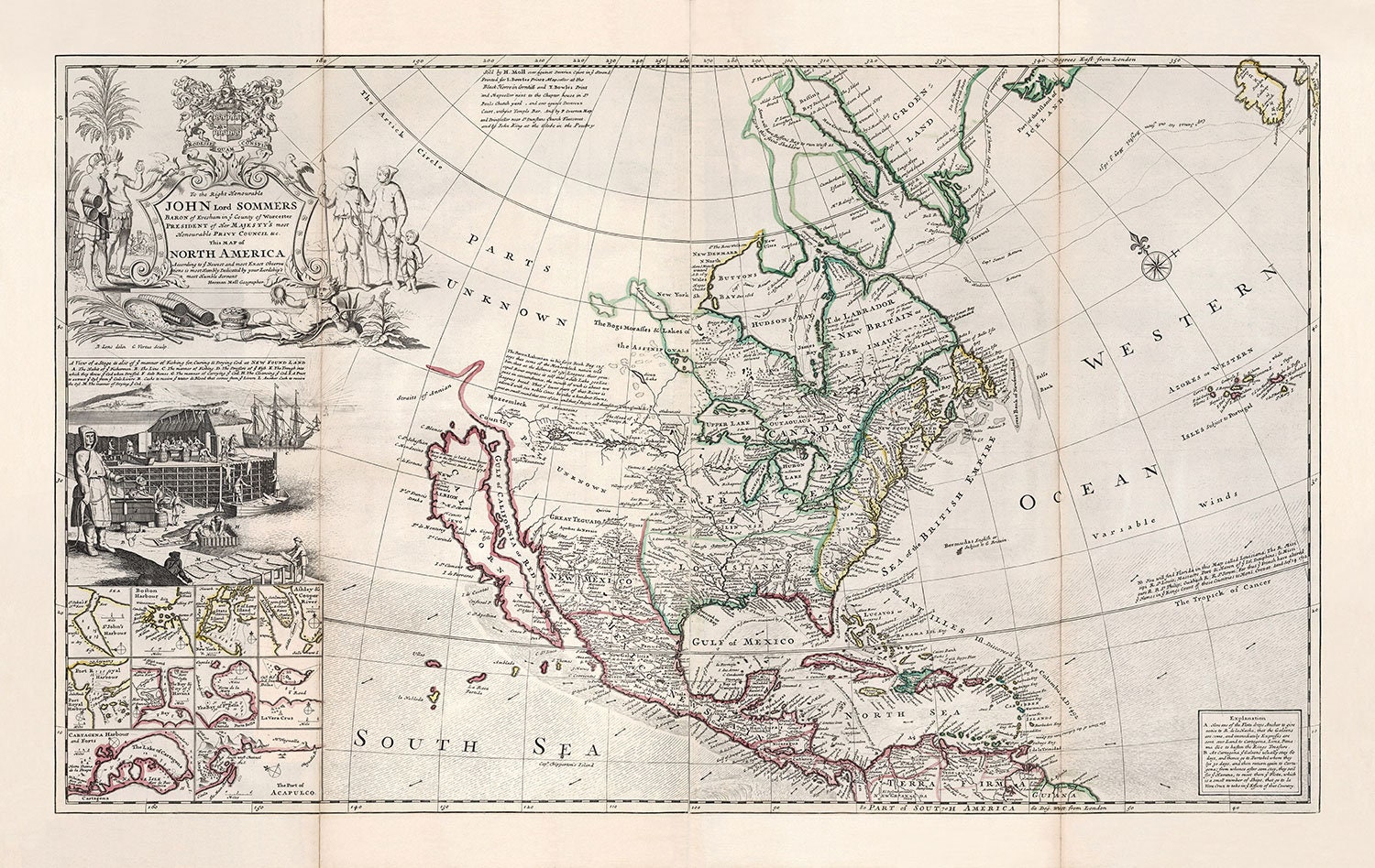 Old Map of North America, 1719 by Moll - 'the Codfish Map' - USA ...