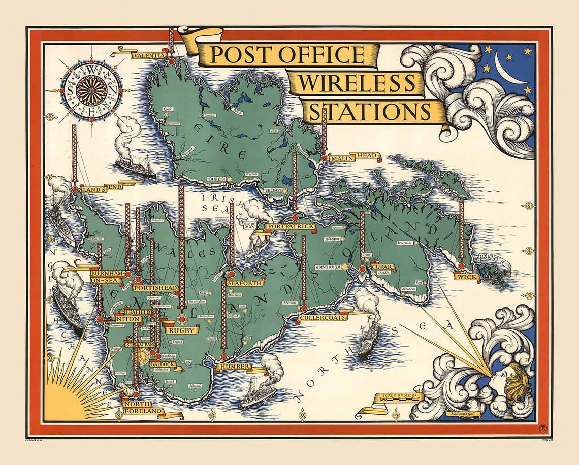 Old Pictorial Map of Post Office Wireless Stations by Max - Etsy