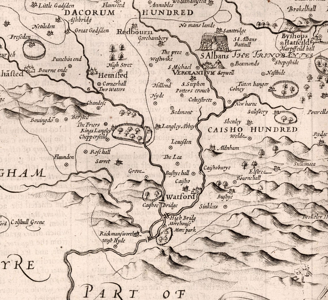 Old Map of Hertfordshire, 1611, John Speed - Stevenage, St Albans ...