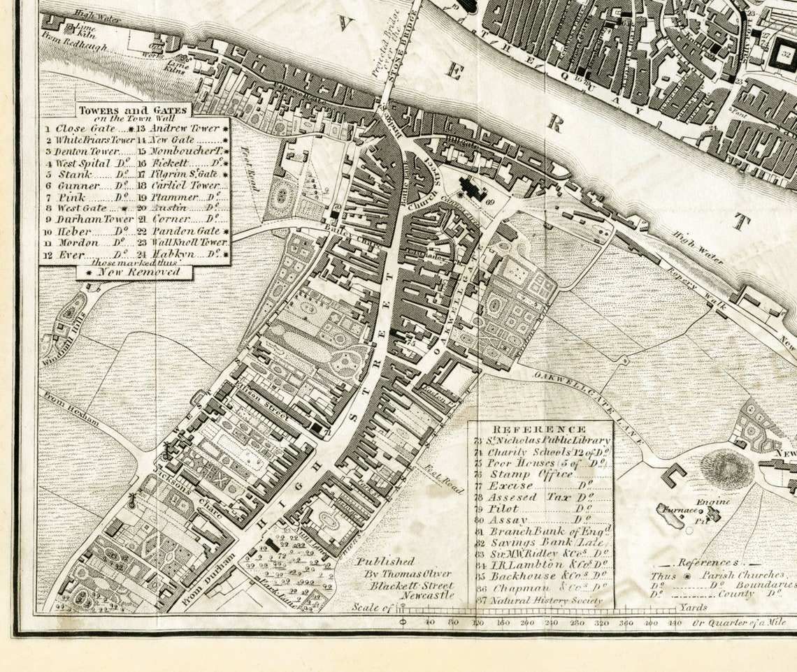 Old Map of Newcastle Upon Tyne and Gateshead by Thomas Oliver | Etsy UK