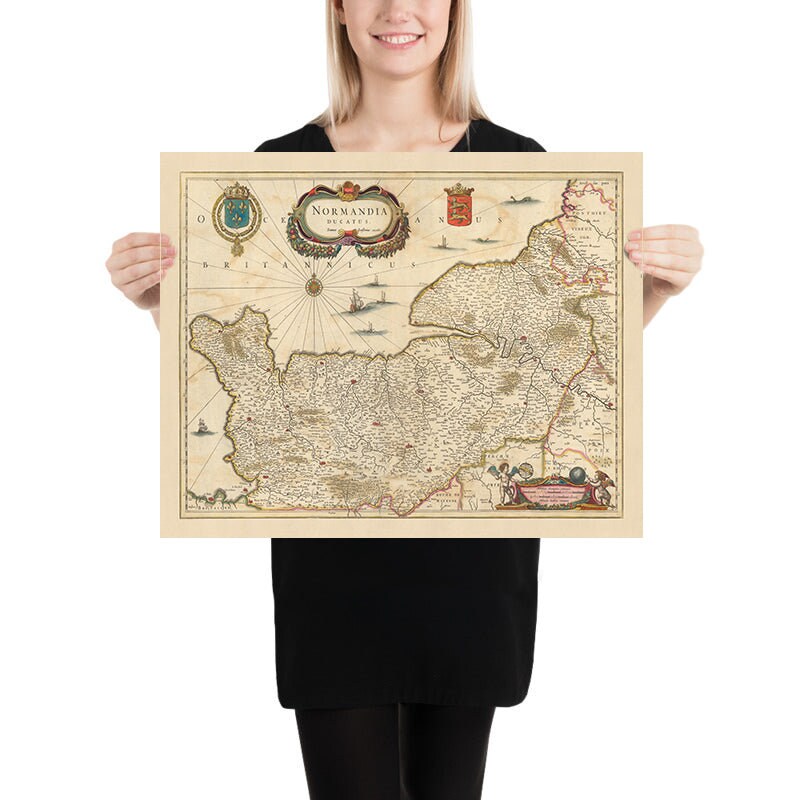 Old Map of Duchy of Normandy by Visscher, 1690: Caen, Le Havre, Roen ...