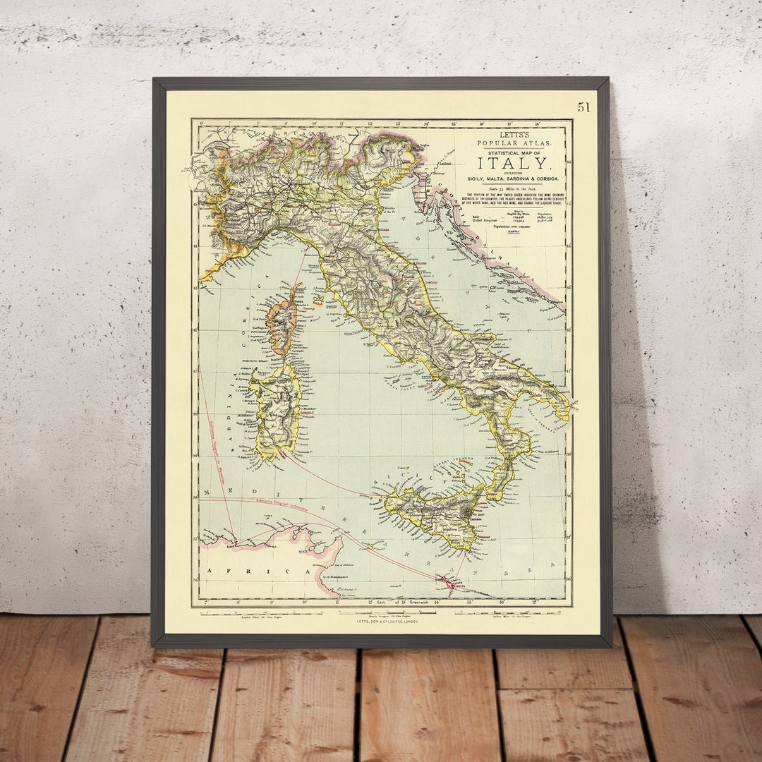 Old Wine Map of Italy, 1883: Red & White Viticulture, Rome, Naples ...