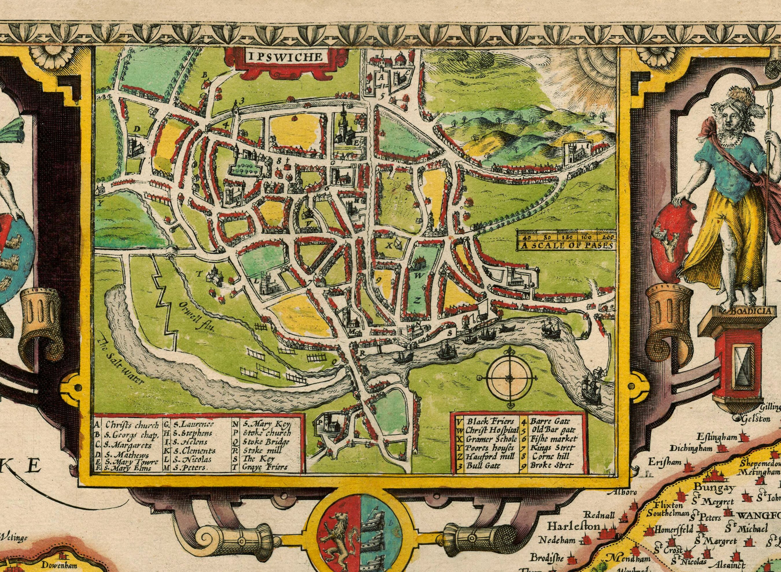 Old Map of Suffolk, 1611 by John Speed - Ipswich, Lowestoft, Bury St ...