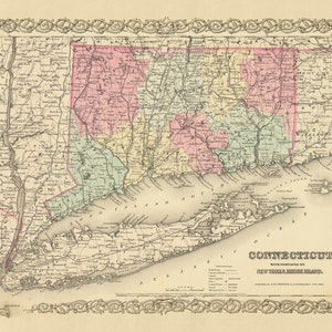 Old Map of Connecticut & Long Island by Colton, 1855: New Haven ...