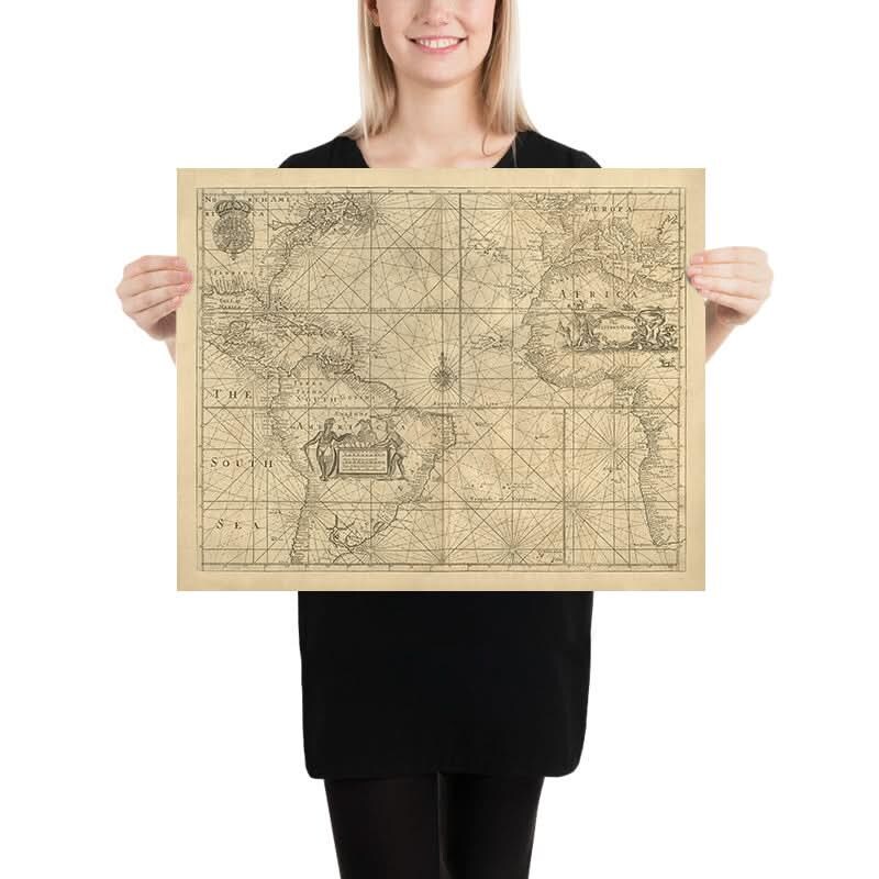 Old Atlantic Ocean Nautical Chart by Mount, 1766: Coasts, Rhumb Lines ...
