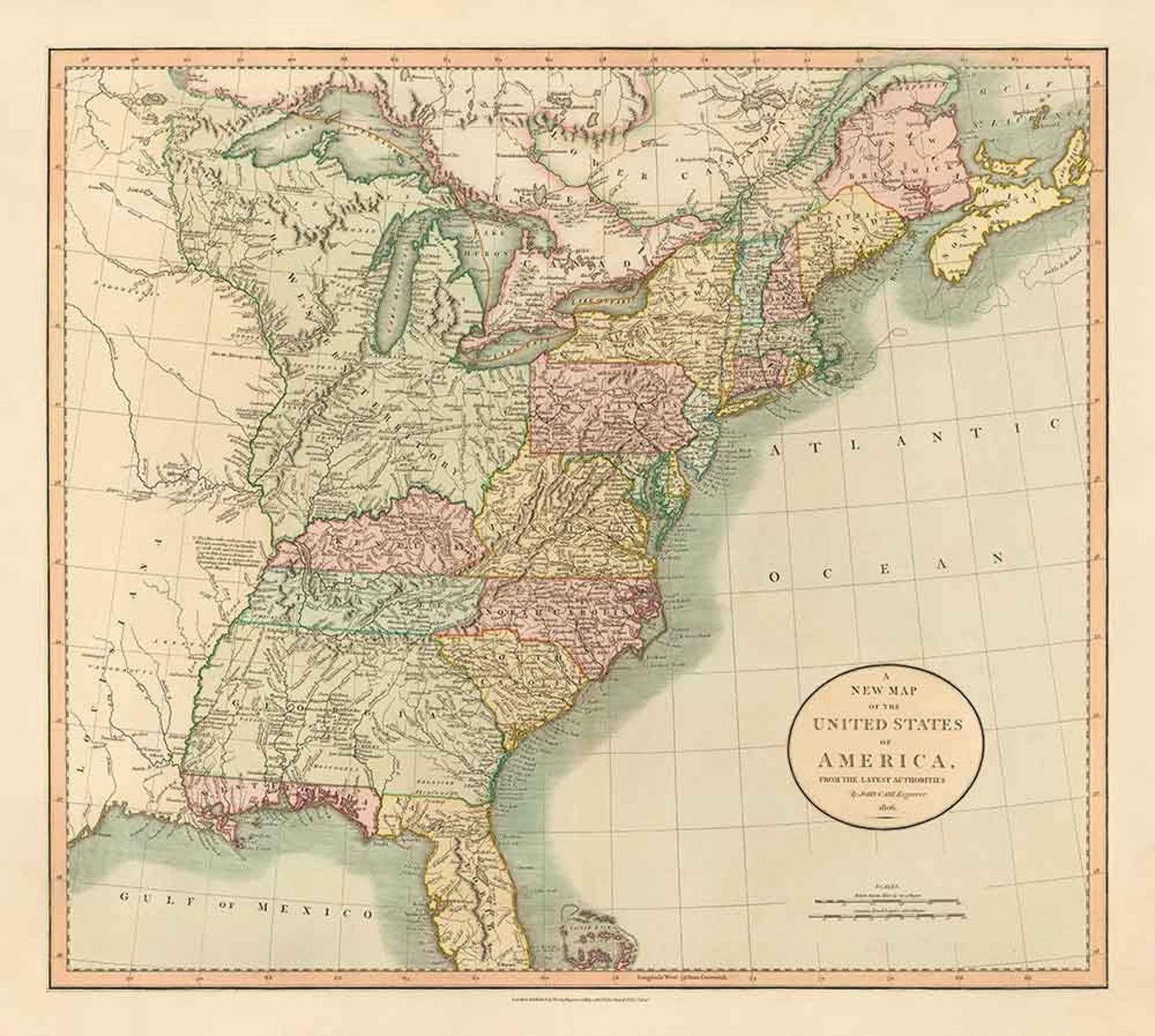 Old Map of USA, 1806 by John Cary - Early Federalist USA - Large ...