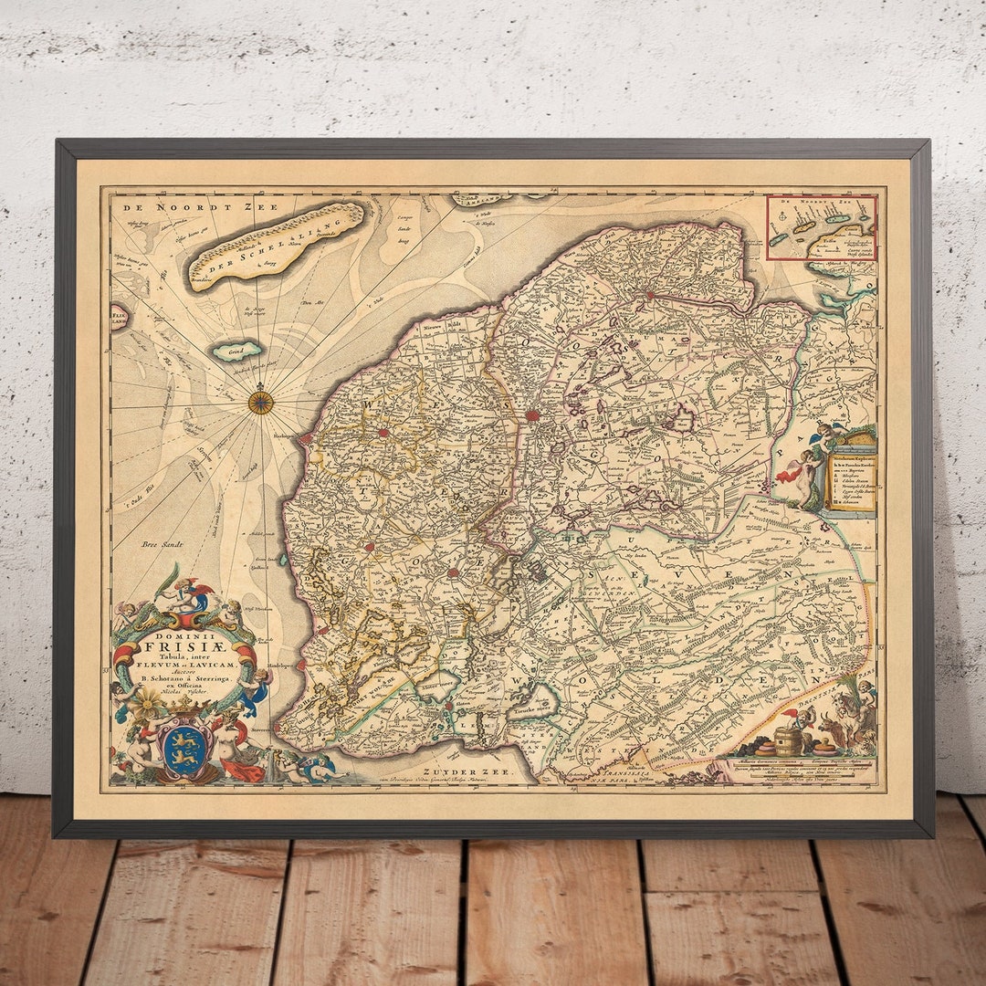 Old Map of Friesland by Visscher, 1690: Leeuwarden, Drachten ...