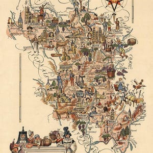 Old Pictorial Map of Burgundy (bourgogne) by Liozu, 1951: Dijon, Beaune ...