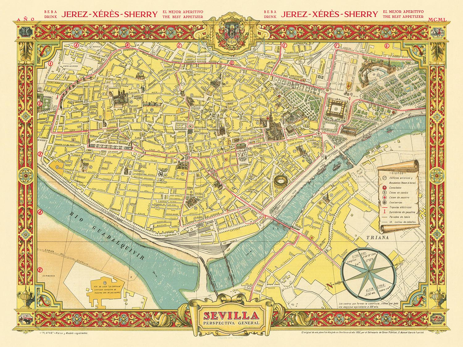 Old Pictorial Map of Seville by Fuentes, 1950: Catedral, Torre Del Oro ...