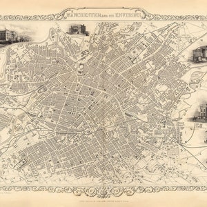 Old Map of Manchester and Environs by John Rapkin, 1851 - Town Hall ...