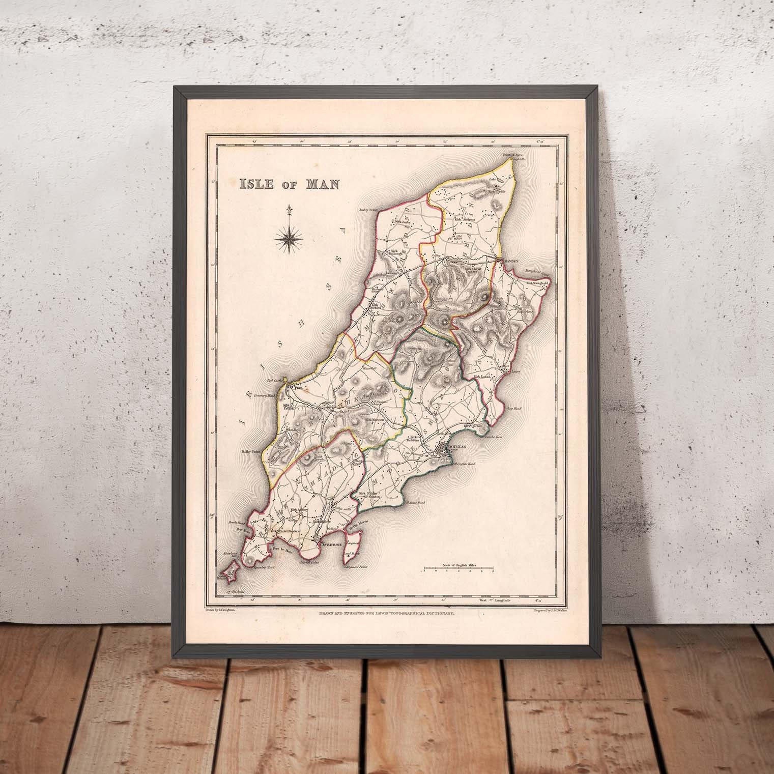 Old Map of Isle of Man by Samuel Lewis, 1844: Douglas, Ramsey, Peel ...