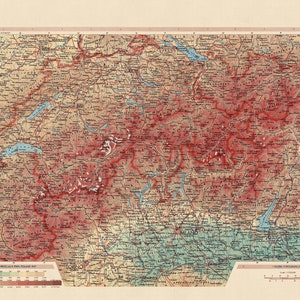 Old Map of Switzerland, 1967: the Alps, Bern, Geneva, Zurich, Lake ...