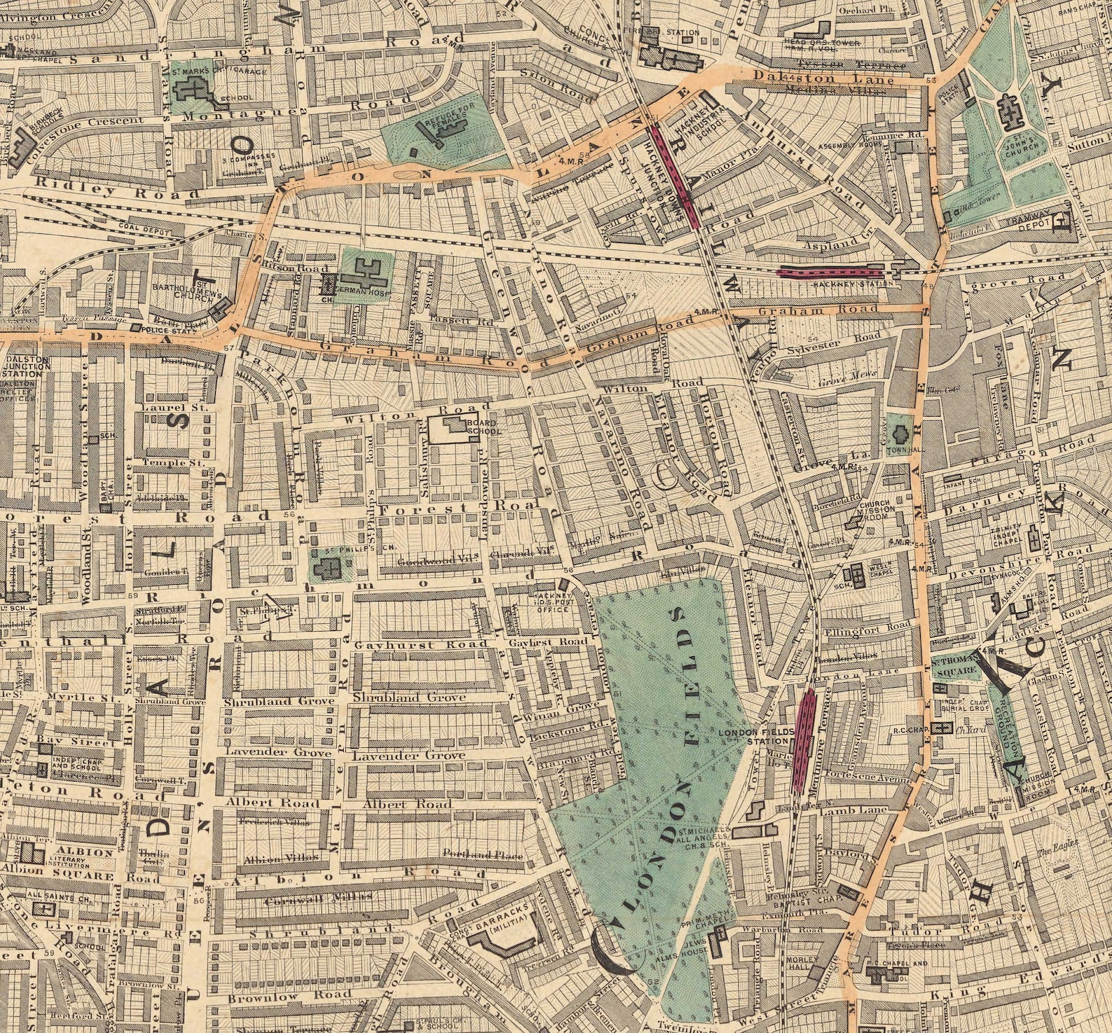 Old Map of East London, 1891- Hoxton, Haggerston, Dalston, Hackney ...