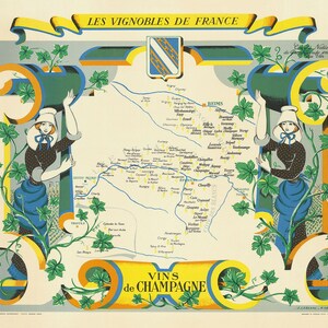 Old Wine Map of Champagne Region by Hetreau, 1954: Reims, Troyes ...