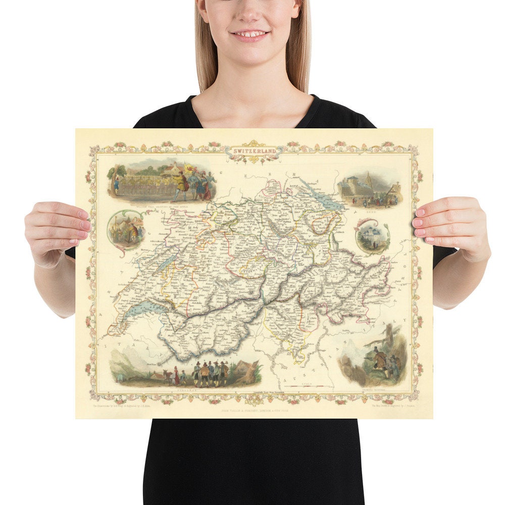 Old Map of Switzerland, 1851 - Bern, Zurich, Cantons, Geneva, Lakes ...