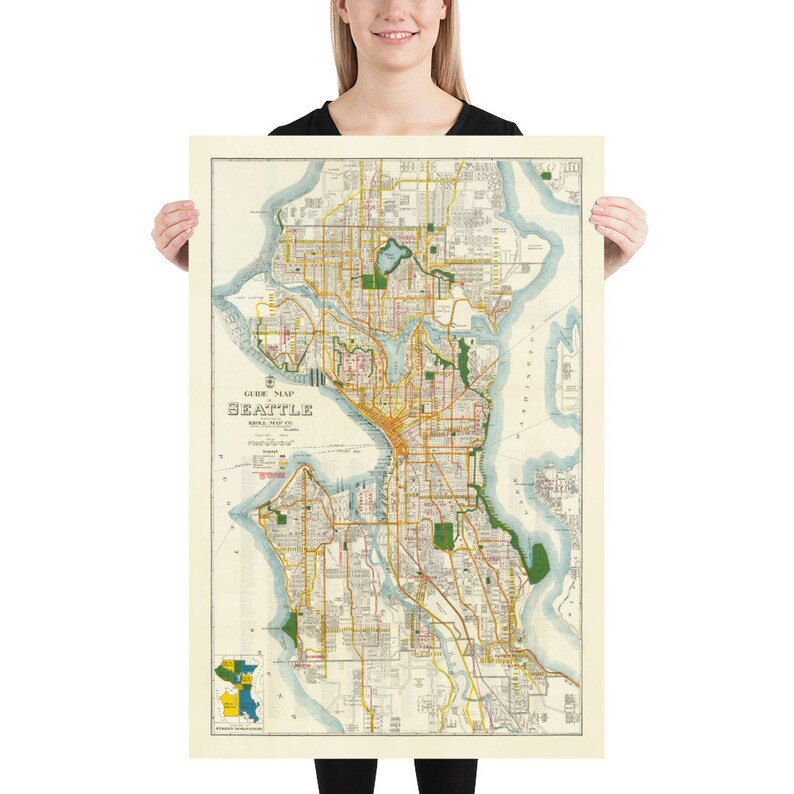 Rare Old Map of Seattle, Washington, 1929 - Downtown, Lakes, Puget ...