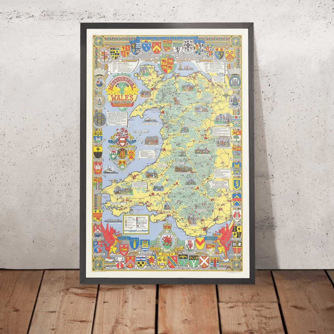 Old Pictorial Map of Wales by Bullock, 1966: Castles, Cathedrals ...