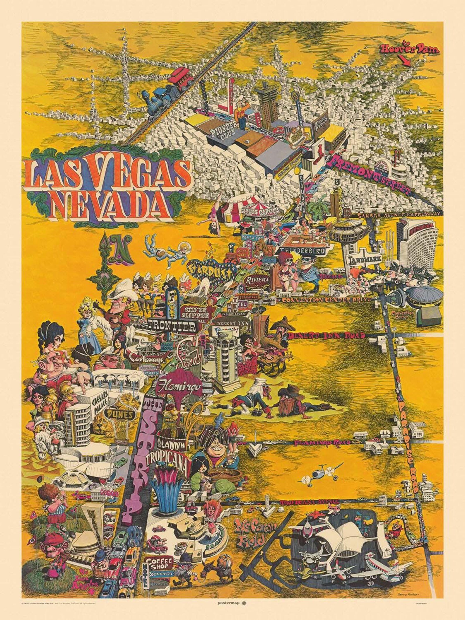 Old Pictorial Map of Las Vegas by Hinton, 1970: the Strip, Caesars ...