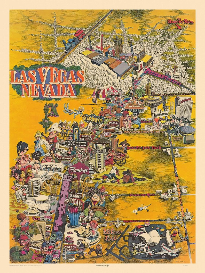 Old Pictorial Map of Las Vegas by Hinton, 1970: the Strip, Caesars ...