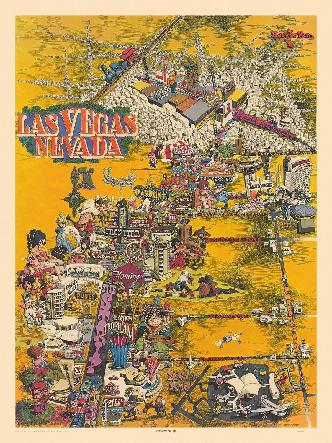 Old Pictorial Map of Las Vegas by Hinton, 1970: the Strip, Caesars ...