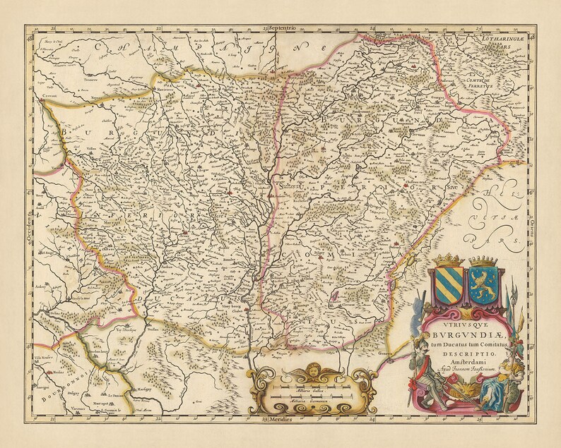 Old Map of Burgundy, France by Visscher, 1690: Dijon, Besançon, Chalon ...