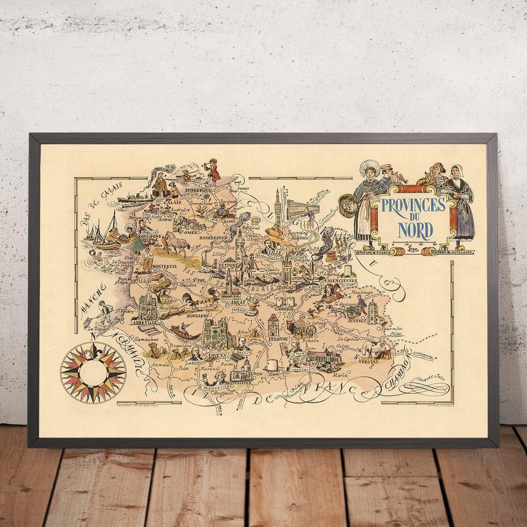 Old Pictorial Map of Nord-pas-de-calais by Liozu, 1951: Lille ...