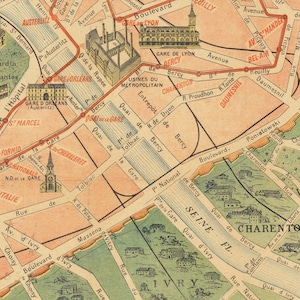 Old Map of Paris Métro & Landmarks, 1920 by Robelin - Eiffel Tower ...