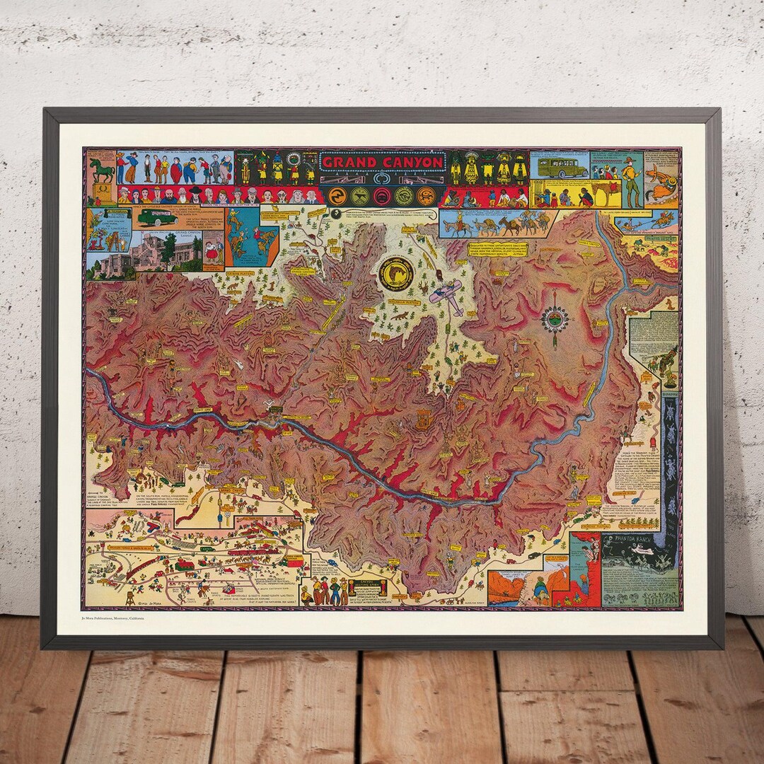 Old Pictorial Map of Grand Canyon by Mora, 1931: Bright Angel Trail ...