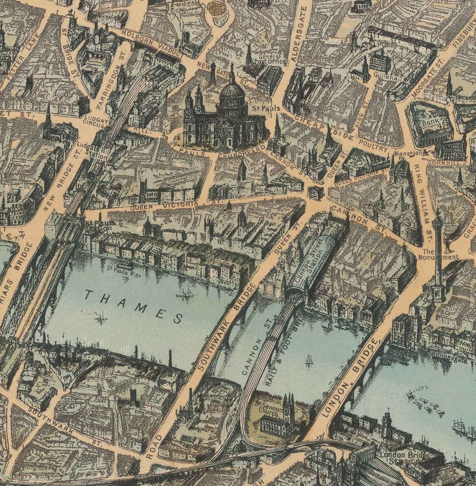 Old Birds Eye Map of London in 1892 by Charles Baker & Co - Westminster ...